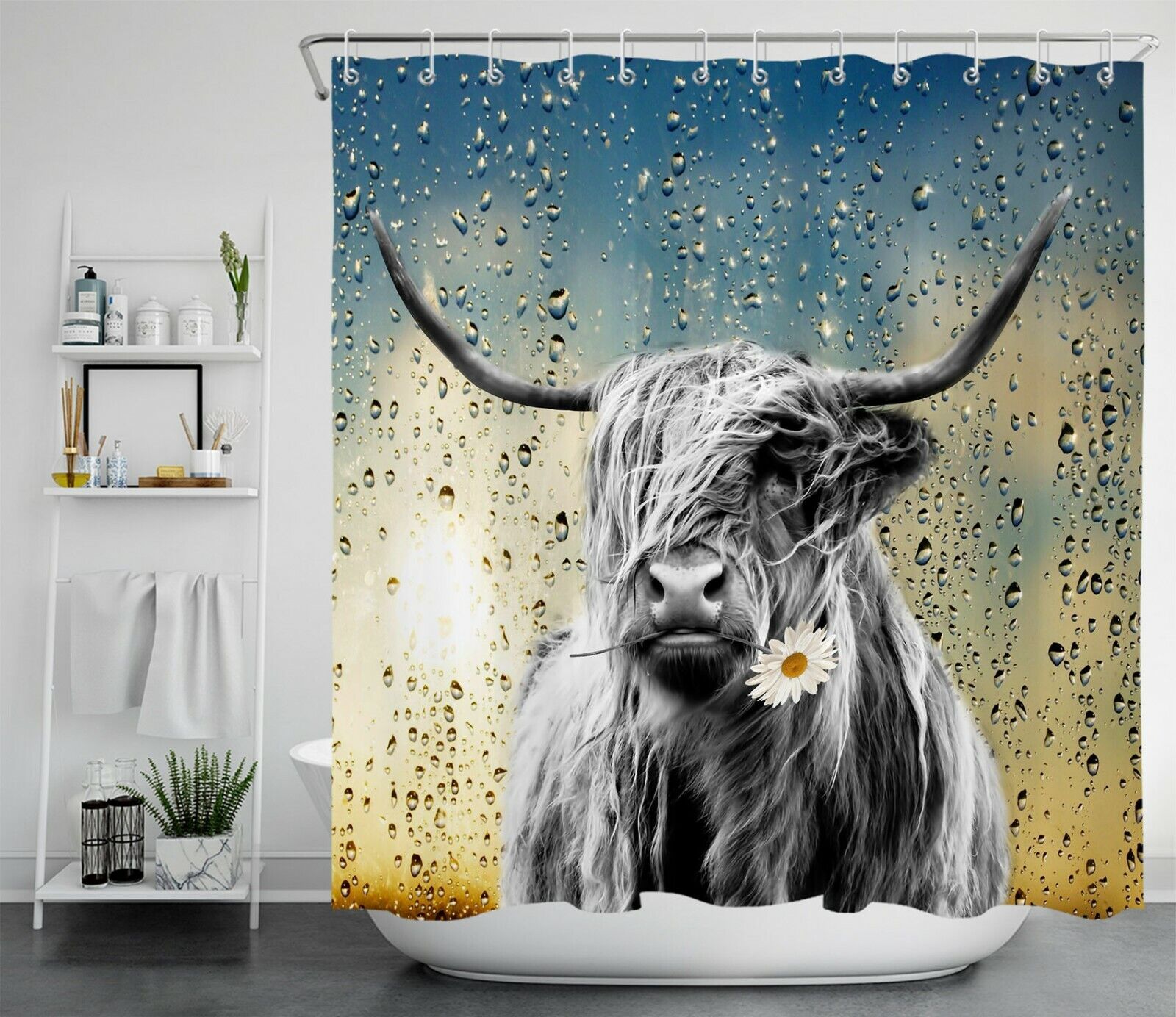 Delightful Highland Cow Shower Curtain with Raindrop and Daisy Pattern ...